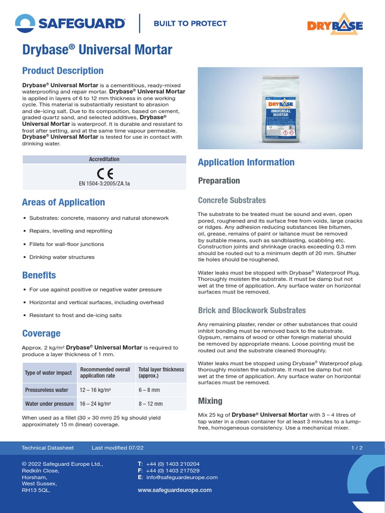 Drybase Universal Mortar Datasheet PDF | PDF | Concrete | Mortar (Masonry)
