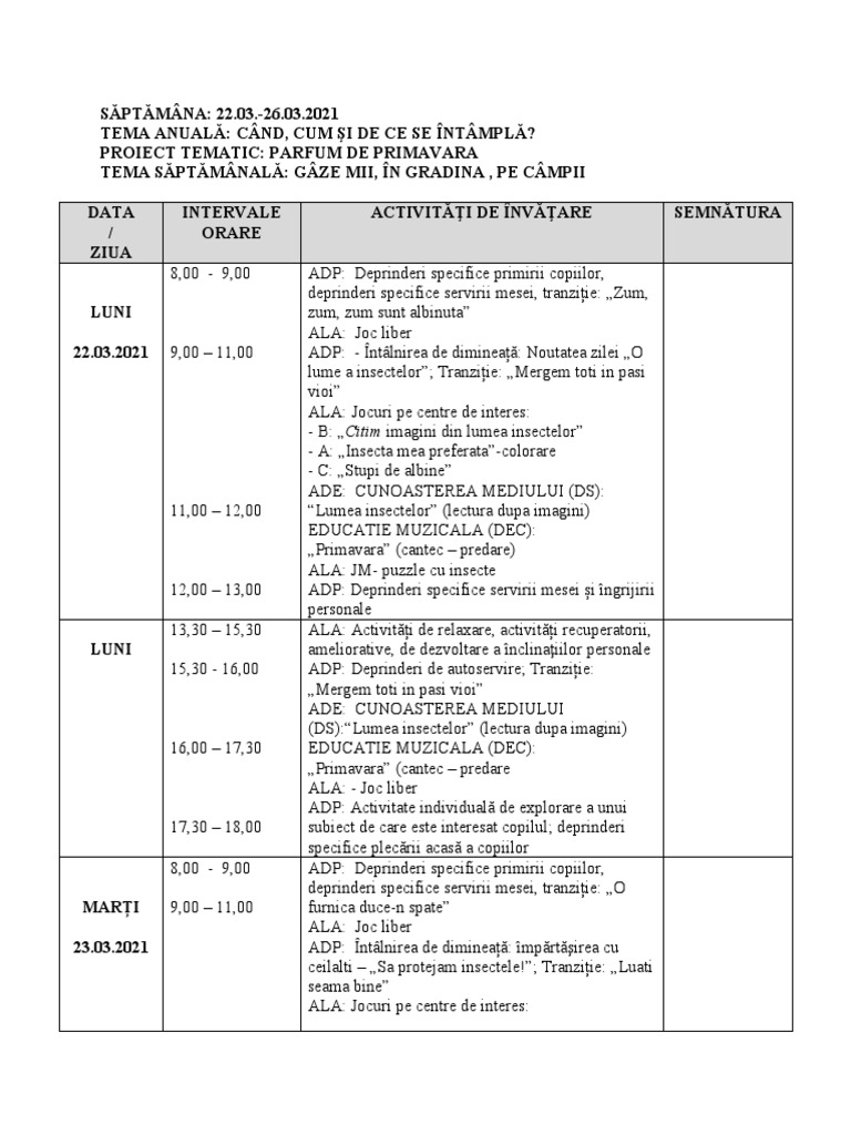Planificare Saptamanala Lumea Insectelor | PDF