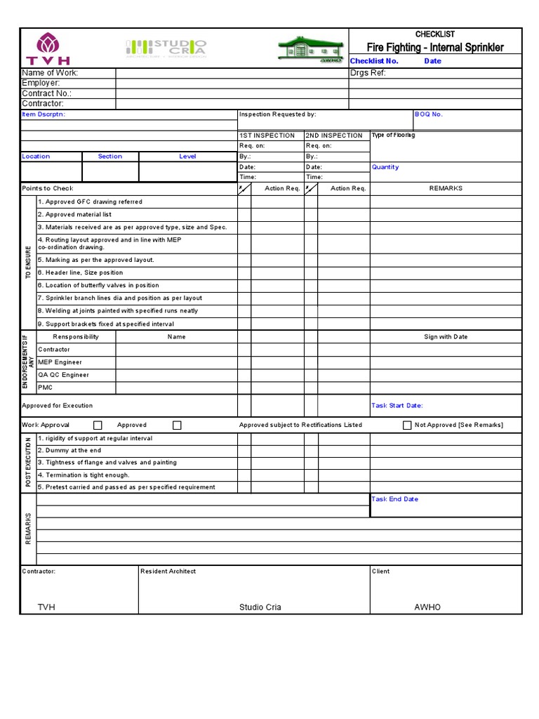 Fire Fighting Internal Sprinkler Checklist | PDF | Mechanical ...