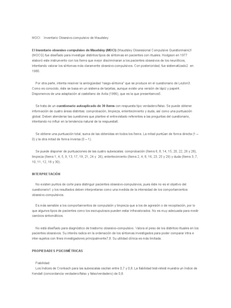 MOCI Inventario Obsesivo CALIFICACION | PDF | Desorden obsesivo ...