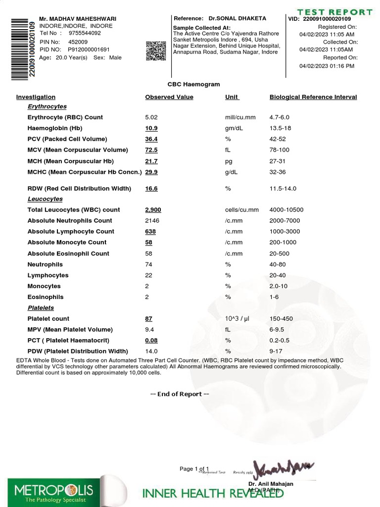 CBC Haemogram Report for Mr. Madhav Maheshwari | PDF | White Blood Cell ...