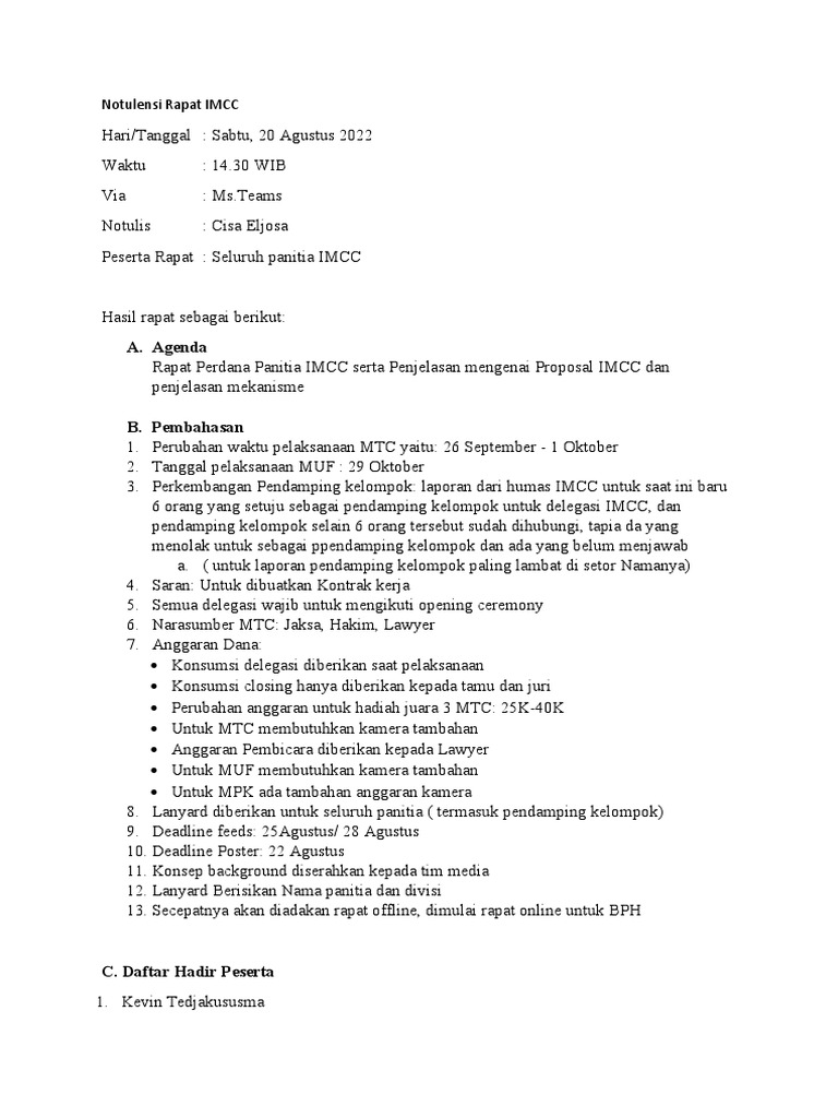 Notulensi Rapat IMCC - CISA | PDF