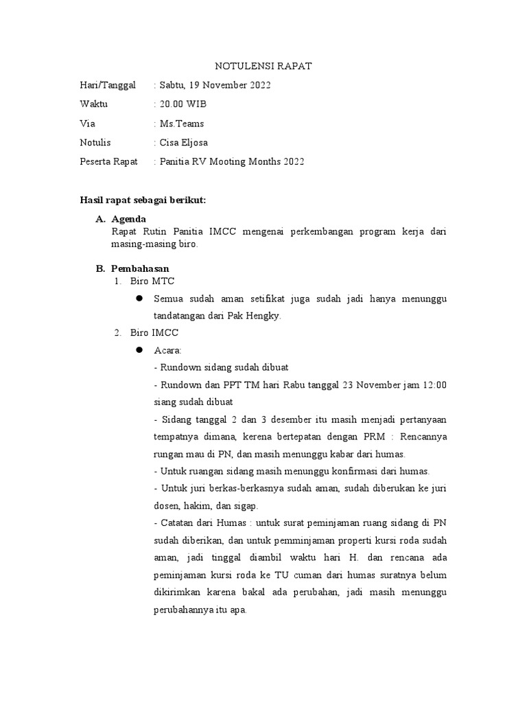 Notulensi Rapat IMCC 19 November 2022 | PDF Notulensi Rapat IMCC 19 November 2022 | PDF