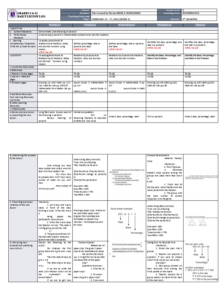 Weekly Math Lesson Plan: Percentages | PDF | Percentage | Numbers