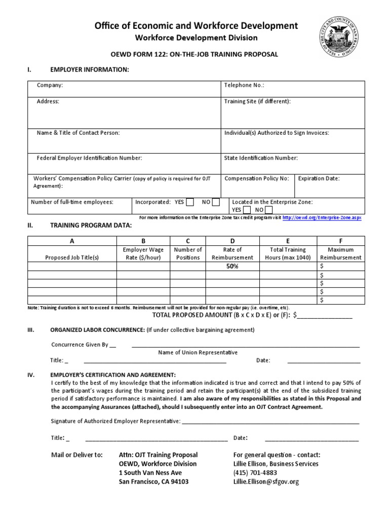 OEWD Form 122 - OJT Training Proposal ACTIVE | PDF | Employment | Economies