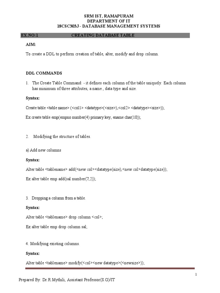 18CSC303J-DBMS Manual PDF | PDF | Table (Database) | Sql 18CSC303J-DBMS Manual PDF | PDF | Table (Database) | Sql