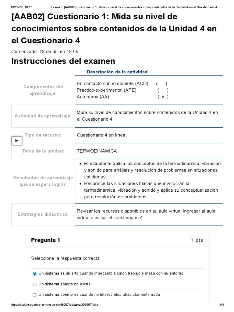 Examen - (AAB02) Cuestionario 1 - Mida Su Nivel de Conocimientos Sobre Contenidos de La Unidad 4 ...