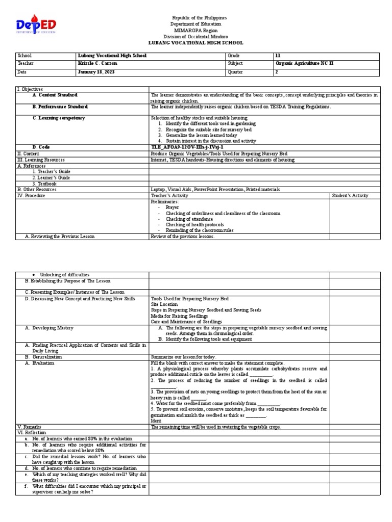 Organic Agriculture Lesson on Tools for Preparing Nursery Beds | PDF | Learning | Teachers