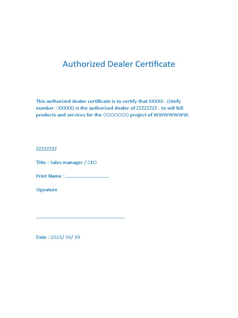 Authorized Dealer Certificate - Template | PDF