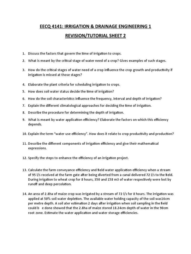 Eecq 4141 Tutorial Sheet 2 | PDF | Irrigation | Soil