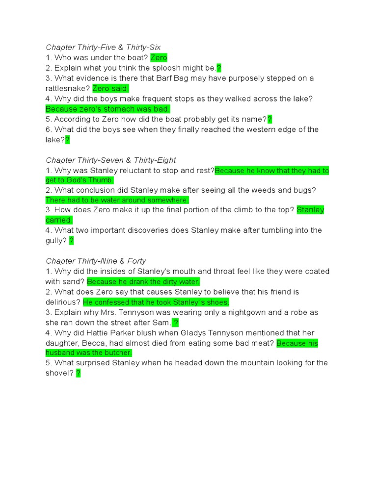 Holes Study Questions Chapters 35 To 40 | PDF