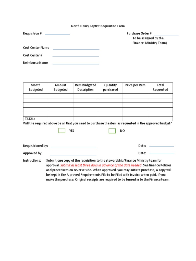 North Henry Baptist Requisition Form | PDF