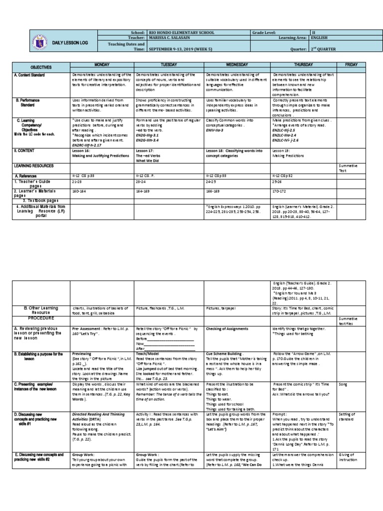 English 2 DLL Q2 Week 5 | PDF | Verb | Learning