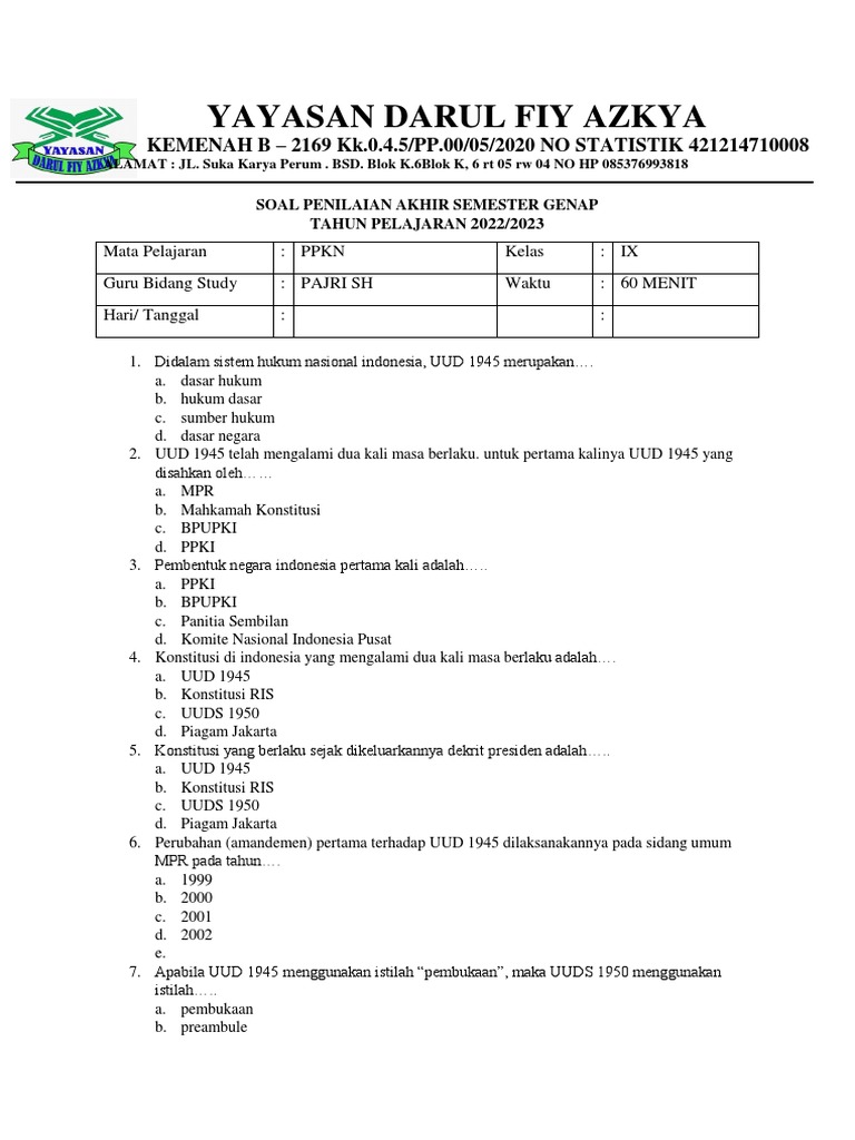 Soal Penilaian PPKN Kelas IX 2022/2023 | PDF | Politik | Ilmu Sosial