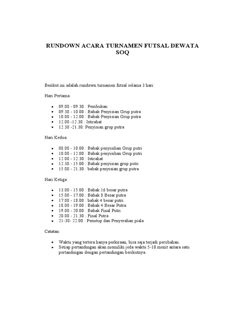 Rundown Acara Turnamen Futsal Dewata Soq | PDF