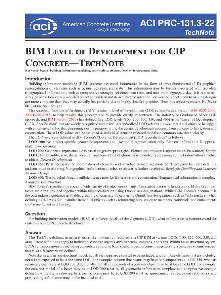 Cci) ACI PRC-131.3-22: Bim Level of Development For Cip Concrete-Techn ...