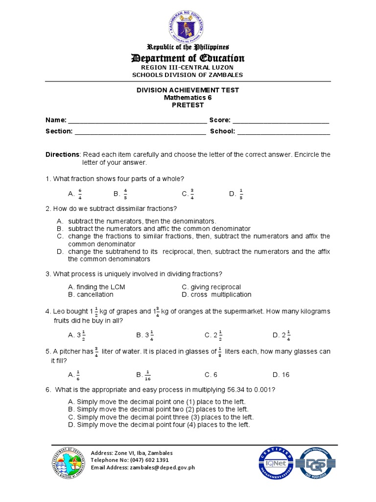 Dat Mathematics 6 Final PDF | PDF