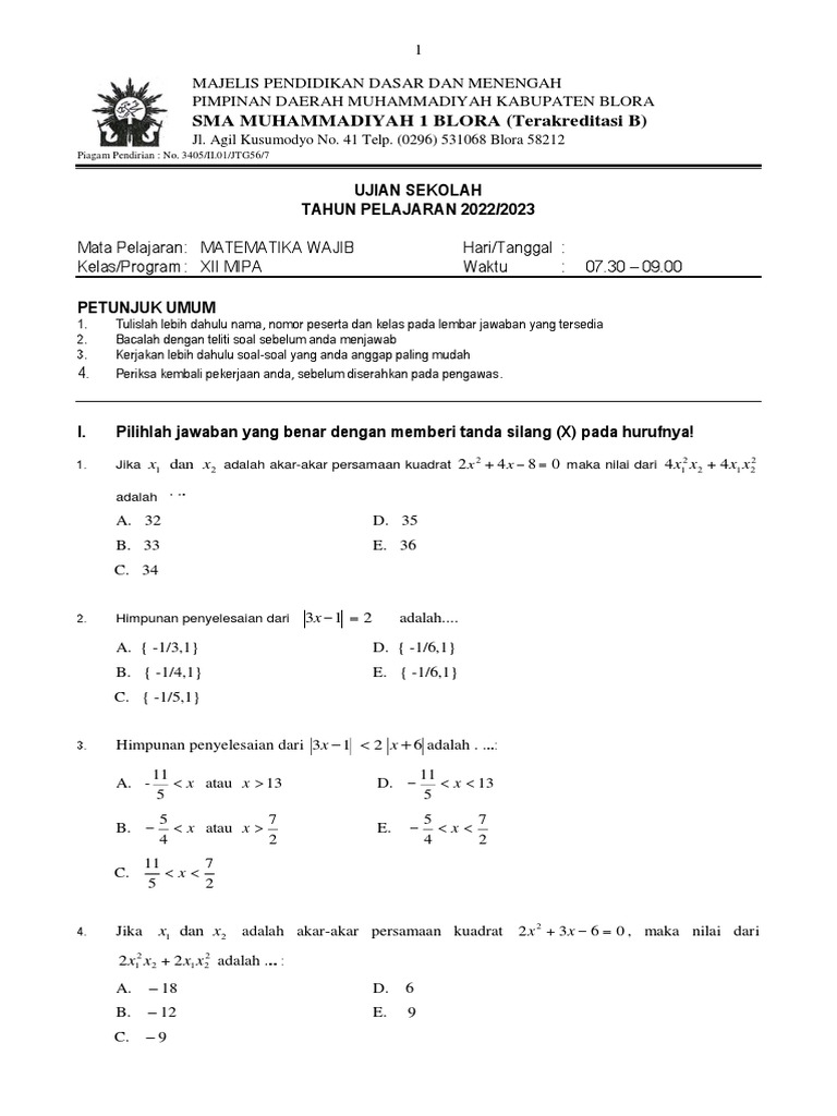 Naskah Soal Ujian Sekolah (Us) Mat Wajib Mipa | PDF