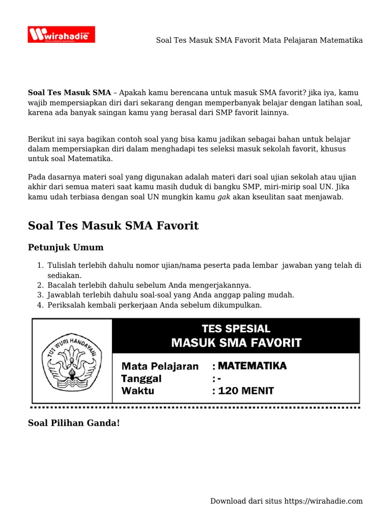 Soal Tes Masuk SMA Favorit Mata Pelajaran Matematika | PDF Soal Tes Masuk SMA Favorit Mata Pelajaran Matematika | PDF
