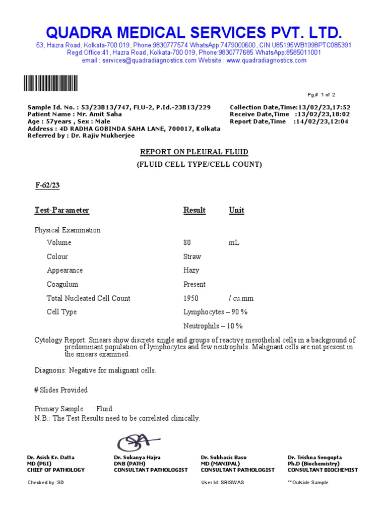 Quadra Medical Services Pvt. LTD.: Report On Pleural Fluid (Fluid Cell ...