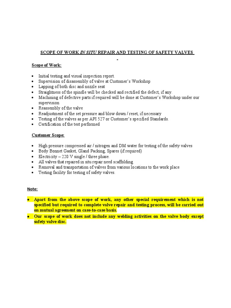 Scope of Work - in Situ Repair and Testing of Safety Valves | PDF