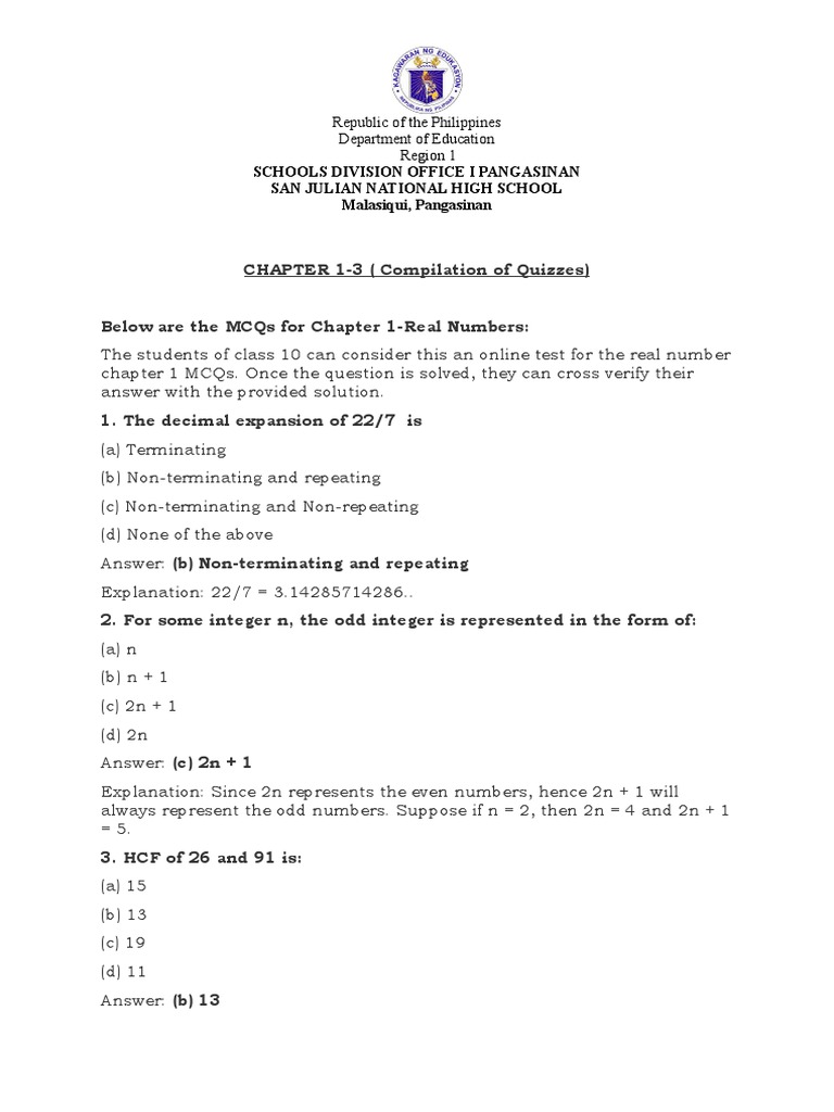 Test Bank in Mathematics 10 | PDF | Numbers | Rational Number