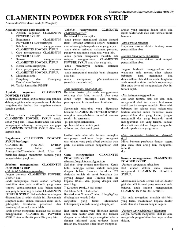 Clamentin Powder For Syrup Amoxycillin, Clavulanic Acid Y.S.P ...