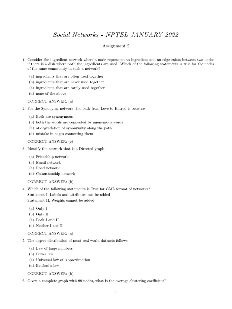 Social Networks - NPTEL JANUARY 2022: Assignment 2 | Download Free PDF | Vertex (Graph Theory ...
