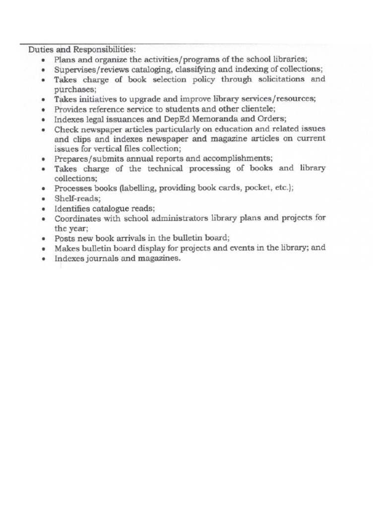 Duties and Responsibilities of A School Librarian | PDF