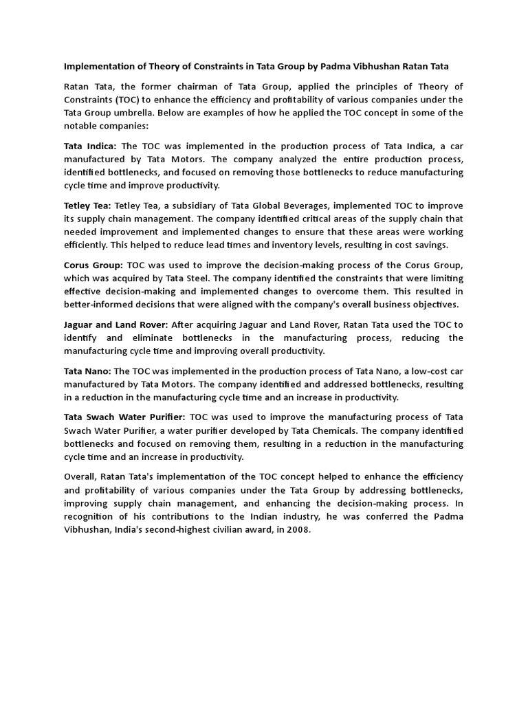 Ratan Tata & Theory of Constraints- Group 4 (1).docx | PDF | Economies ...