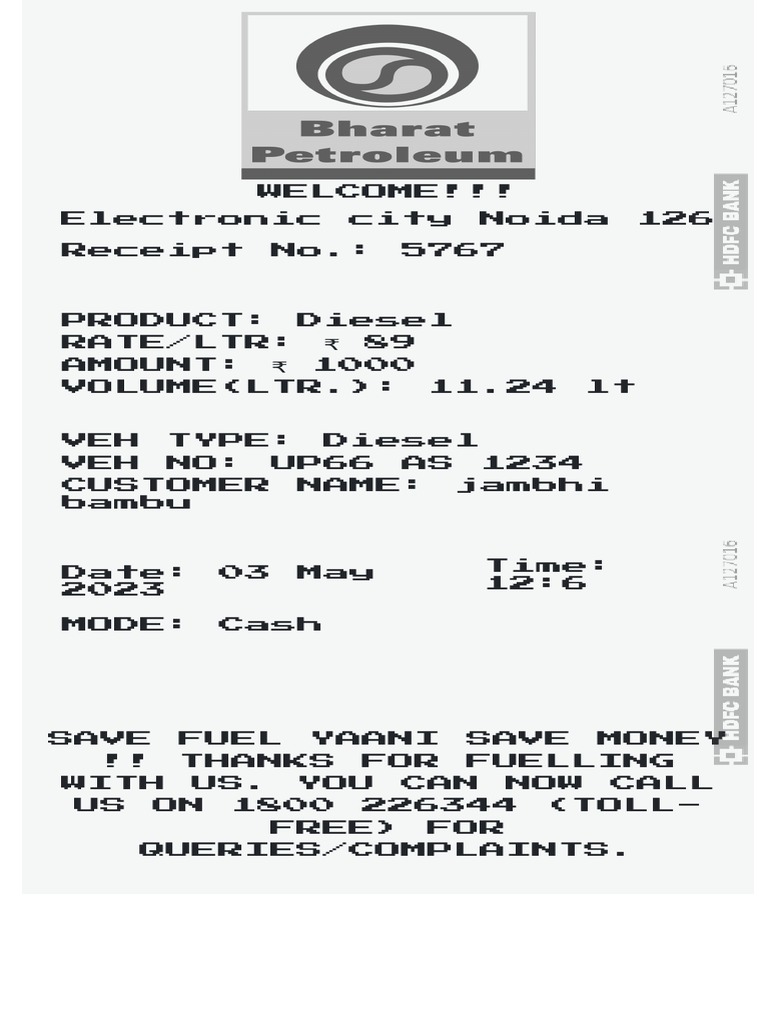 Diesel Fuel Bill Receipt Sample | PDF