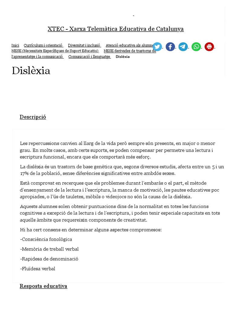 Dislèxia. XTEC - Xarxa Telemàtica Educativa de Catalunya | PDF
