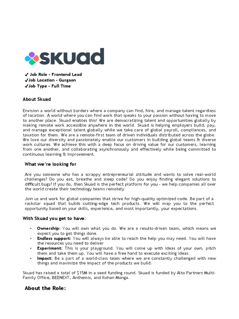 Frontend Lead - Skuad - JD | PDF | Compiler | Computing