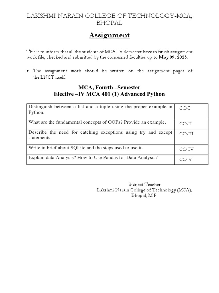 Assignment Elective - VI MCA-401 Elective - IV MCA 401 (1) Advanced Python | PDF