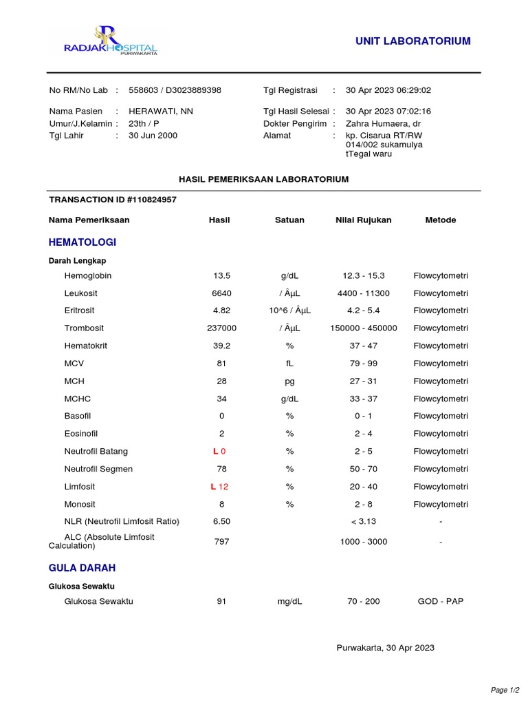 Hasil Lab Hematologi Lengkap Pasien | PDF