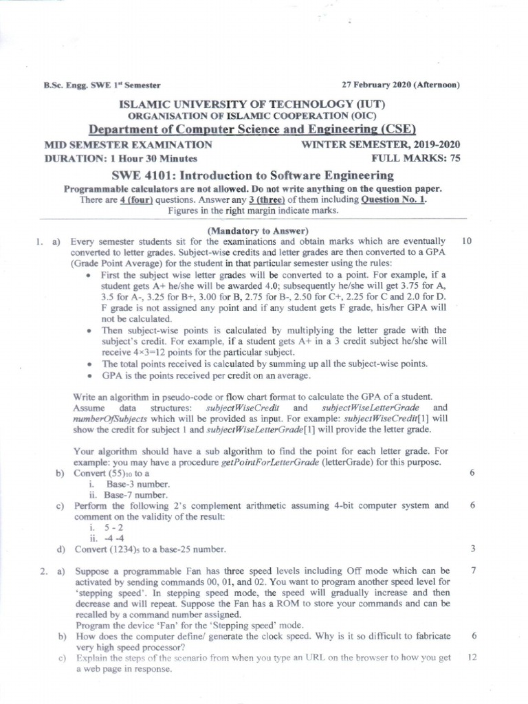 CSE Winter 2019-2020 Mid Semester Examination | PDF