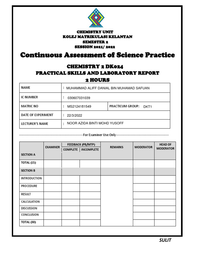 Chemistry Lab Report DK024 Assessment | PDF | Experiment | Science
