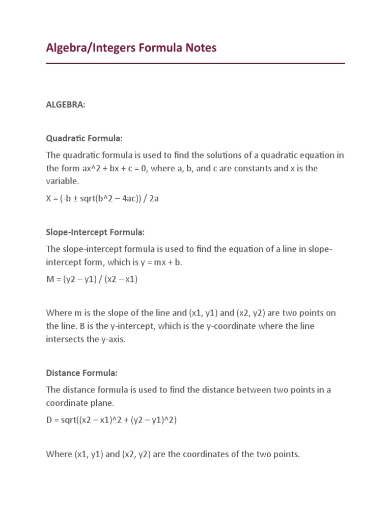Algebra and Integers Formula Notes | PDF | Division (Mathematics) | Numbers