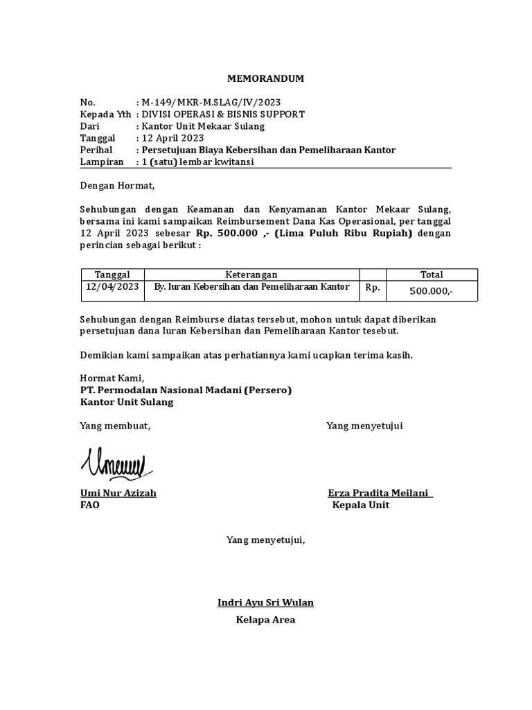 MEMO Persetujuan Biaya Kebersihan Dan Pemeliharaan Kantor APRIL SLAG ...
