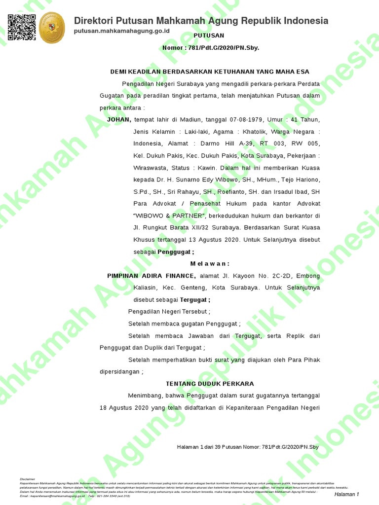 Putusan 781 PDT.G 2020 PN Sby 20210608 | PDF