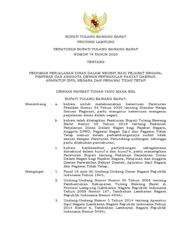 Perbup Nomor 74 Tahun 2020 Tentang SPPD PDF | PDF