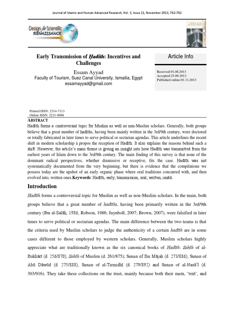 Early Transmission of Adith Incentives | PDF | Muhammad | Hadith