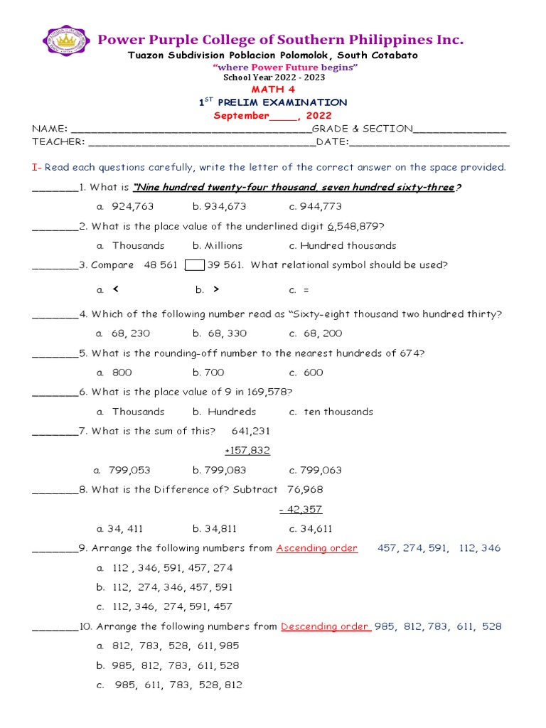 1ST Prelim G4 Math | PDF | Mathematics