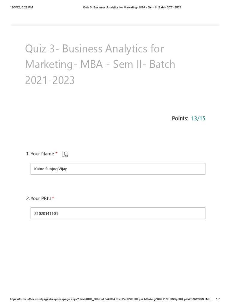 Quiz 3 - Business Analytics For Marketing - MBA - Sem II - Batch 2021-2023 | PDF | Logistic ...