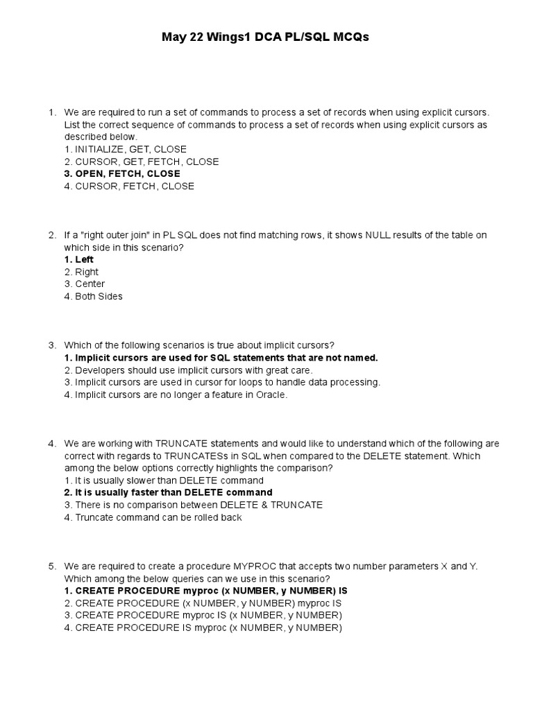 May 22 Wings1 DCA PL - SQL MCQs | PDF | Pl/Sql | Computer Programming May 22 Wings1 DCA PL - SQL MCQs | PDF | Pl/Sql | Computer Programming