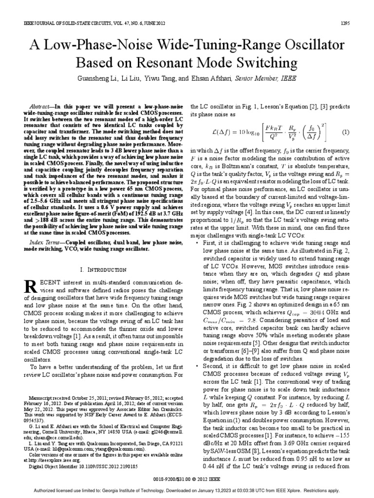 A Low Phase Noise Wide Tuning Range Oscillator Based On Resonant Mode