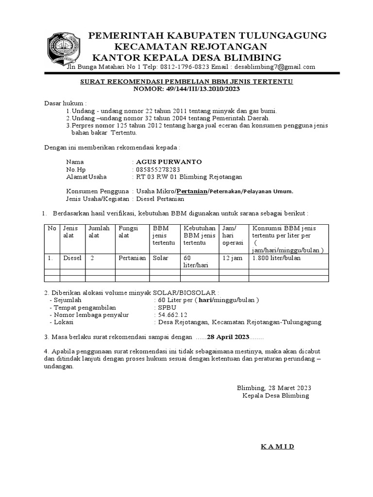 SURAT SOLAR BBM Suswinto | PDF