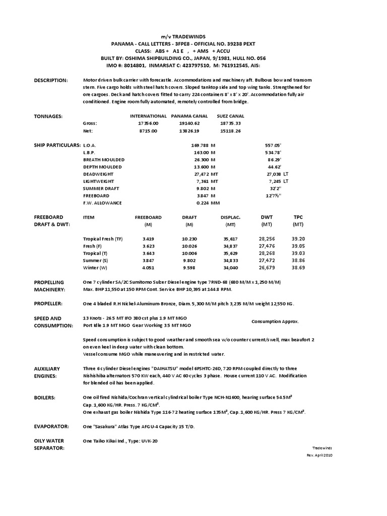 MV Tradewinds - Specification - Apr-10 | PDF