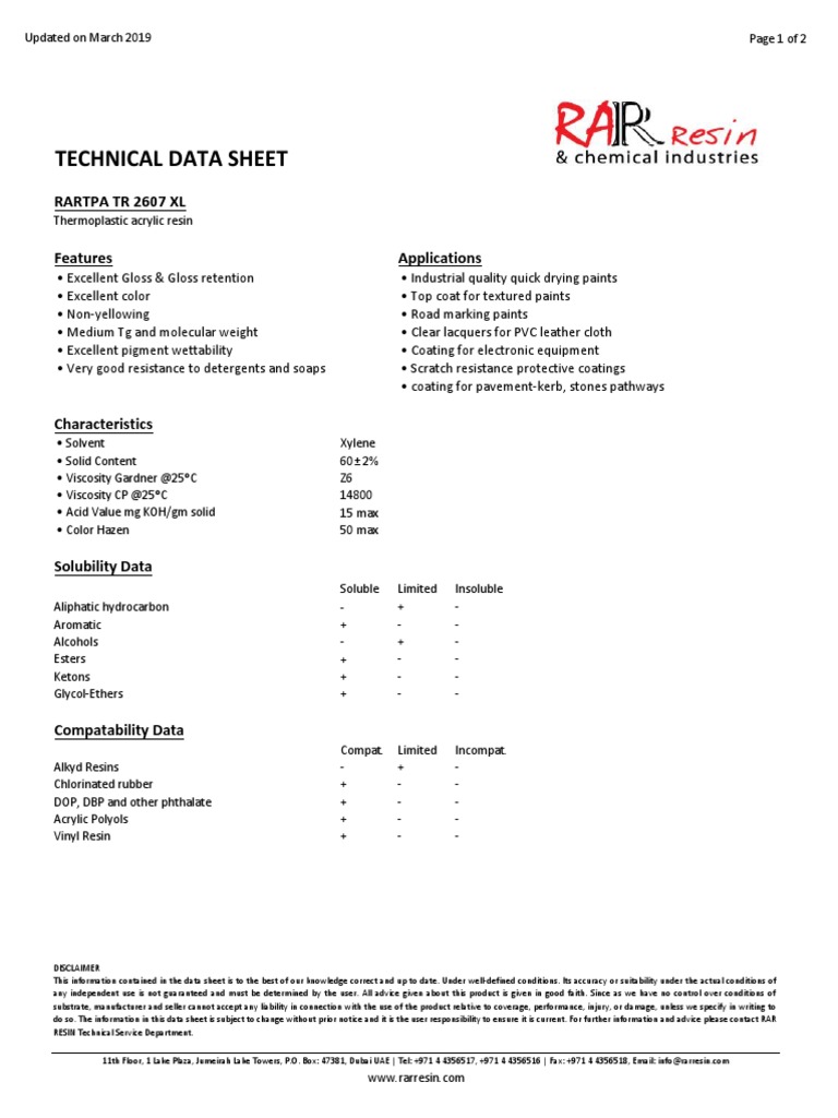 Technical Data Sheet: Rartpa TR 2607 XL Features Applications | PDF