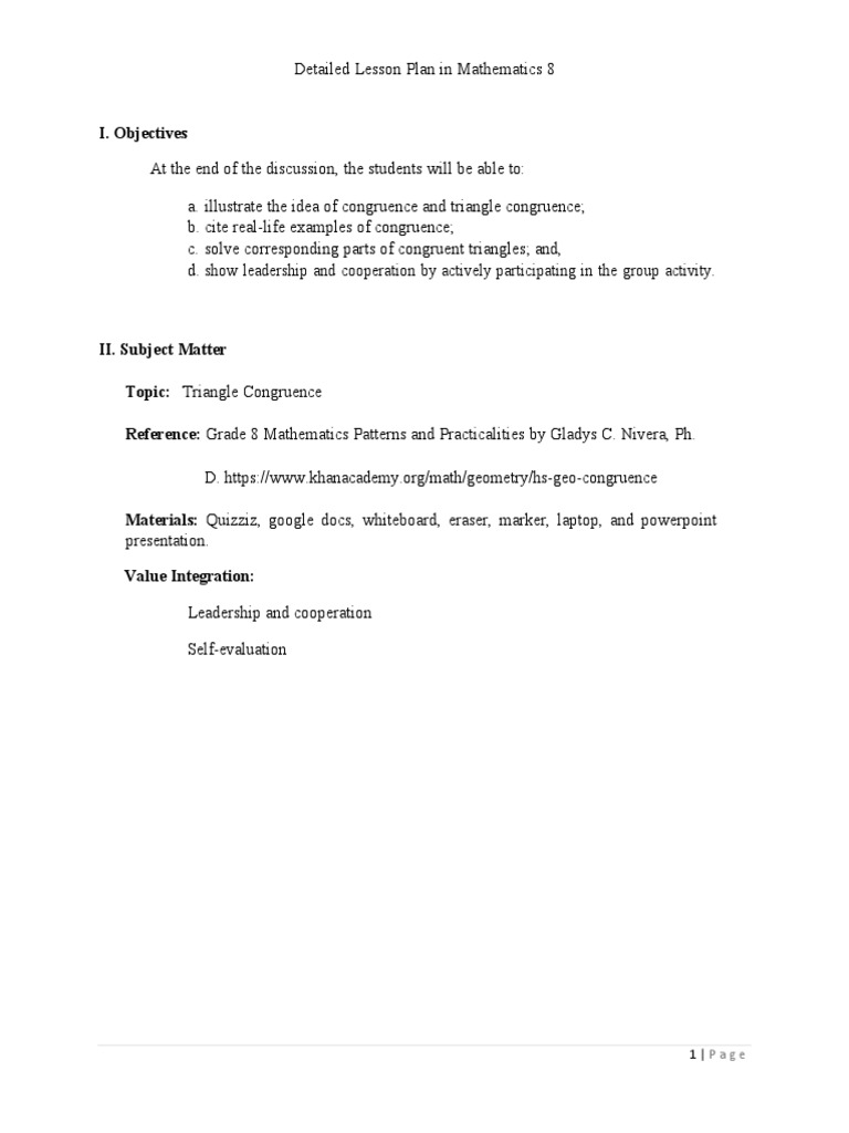 Detailed Lesson Plan on Triangle Congruence | PDF